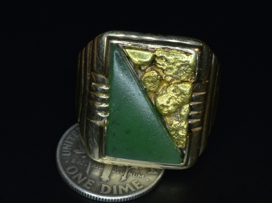 12.37 Gram Alaska Gold Nugget with Jade 10K Ring